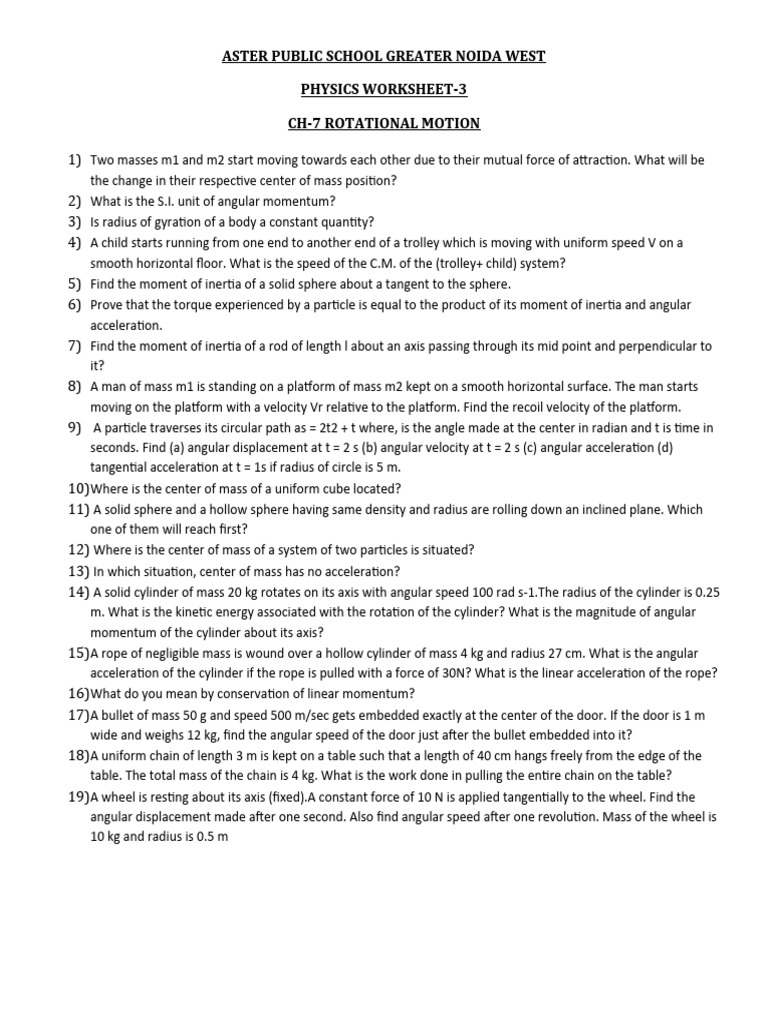 CH-7 Rotational Motion Worksheet-3 | PDF | Rotation Around A Fixed Axis | Torque