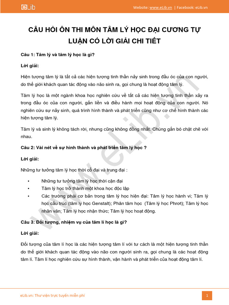 Bo de Cuong Cau Hoi On Thi Tu Luan Mon Tam Ly Hoc Dai Cuong905 | PDF