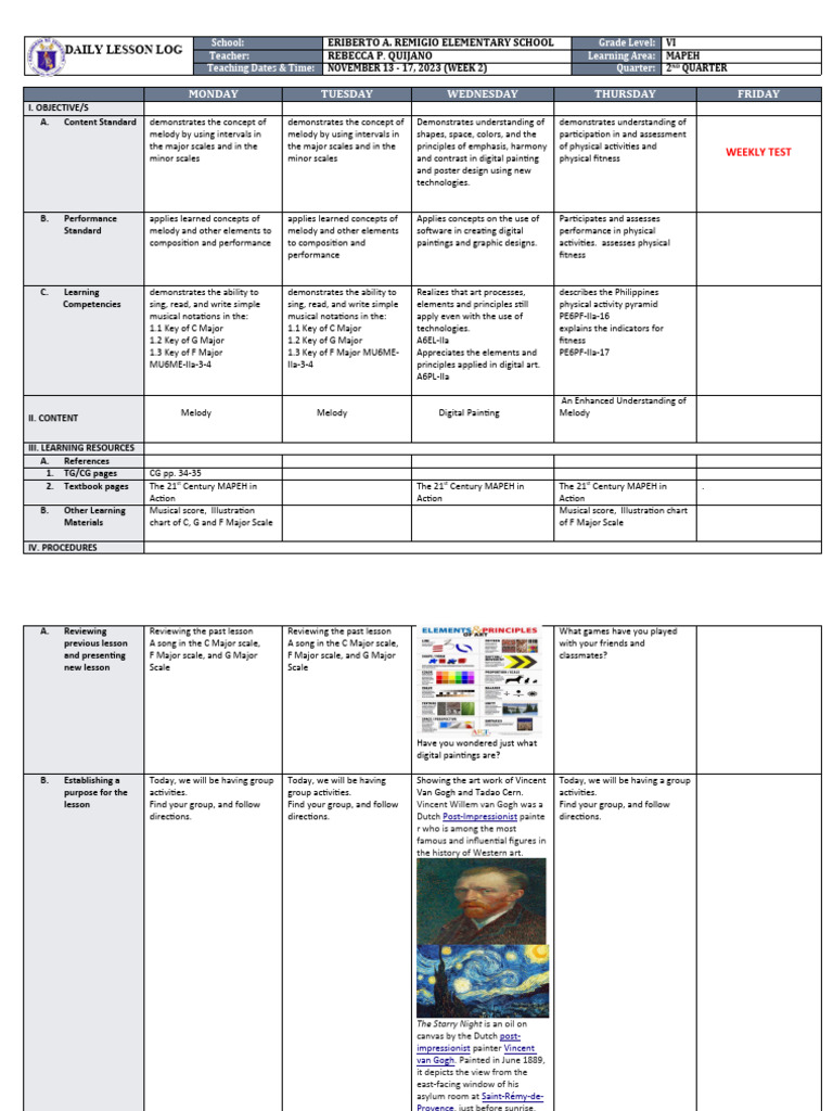 DLL - Mapeh 6 - Q2 - W2 | PDF | Learning | Cognition