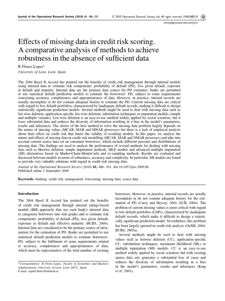 Effects of Missing Data in Credit Risk Scoring. A Comparative Analysis of Methods To Achieve ...