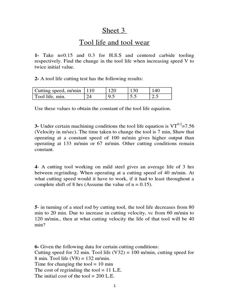 Sheet 3 Tool Life and Tool Wear1 | PDF | Speed | Physical Quantities