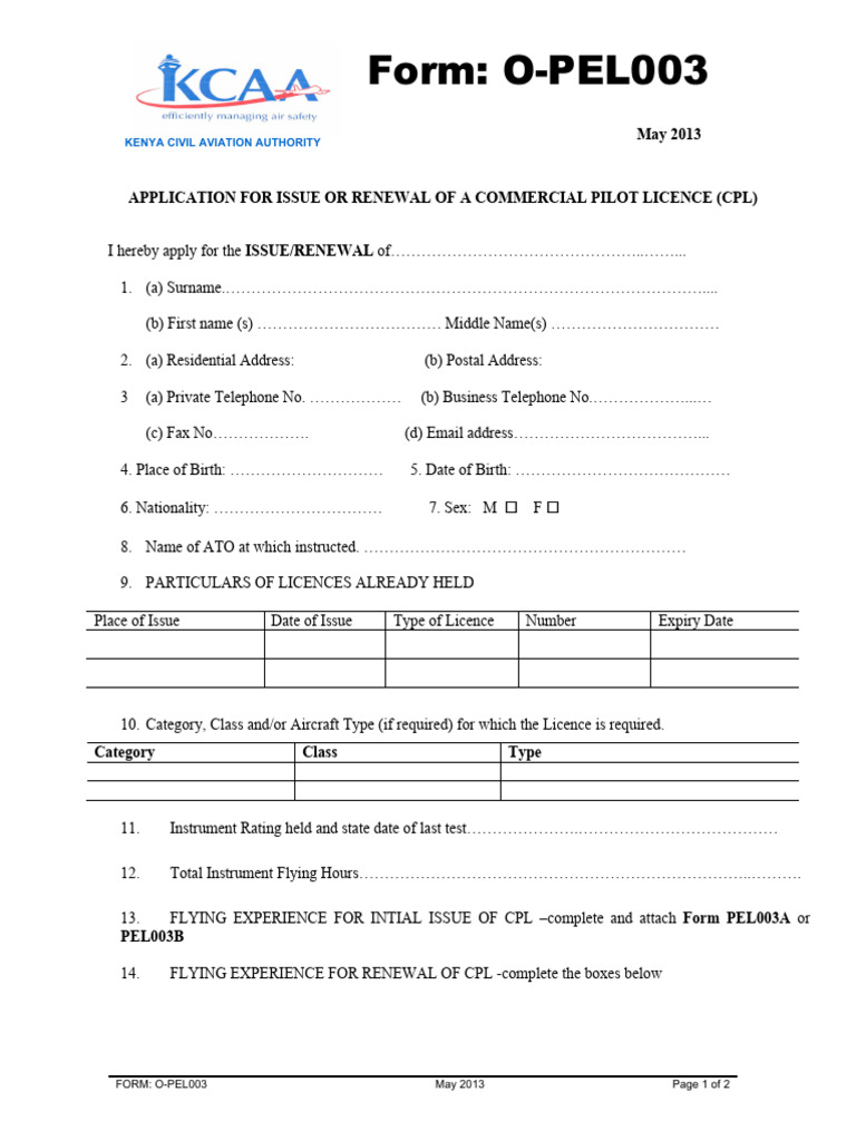 O-PEL003 Application For Issue or Renewal of CPL | Download Free PDF ...