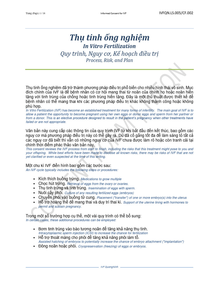 IVFQN - LS - .005.CF - .002 IVF Consent Form Quy Trinh Nguy Co Ke Hoach Dieu Tri | PDF