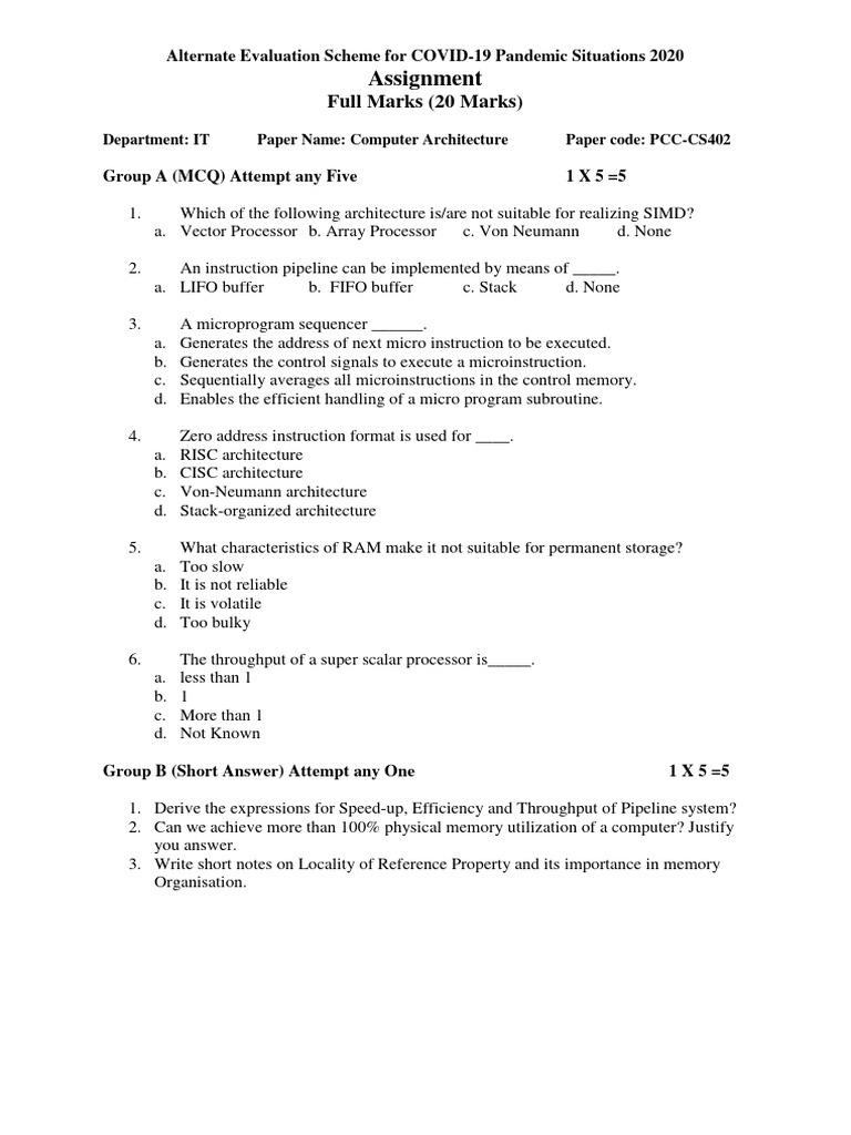 Assignment Alternate Evaluation COVID-19 Comp Arch (20 Marks) | PDF