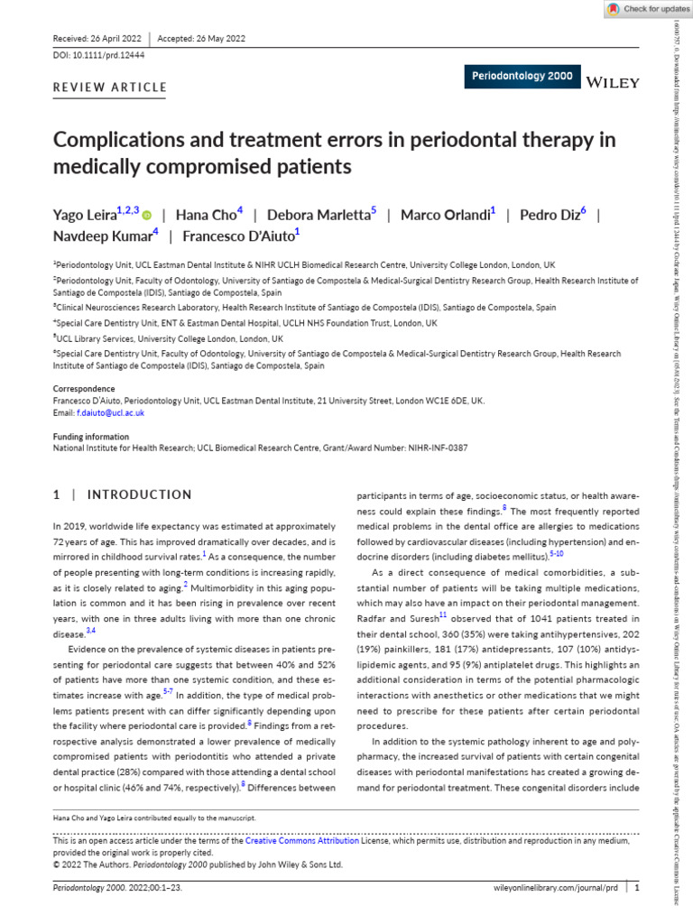 Periodontology 2000 - 2022 - Leira - Complications and Treatment Errors ... Periodontology 2000 - 2022 - Leira - Complications and Treatment Errors ...