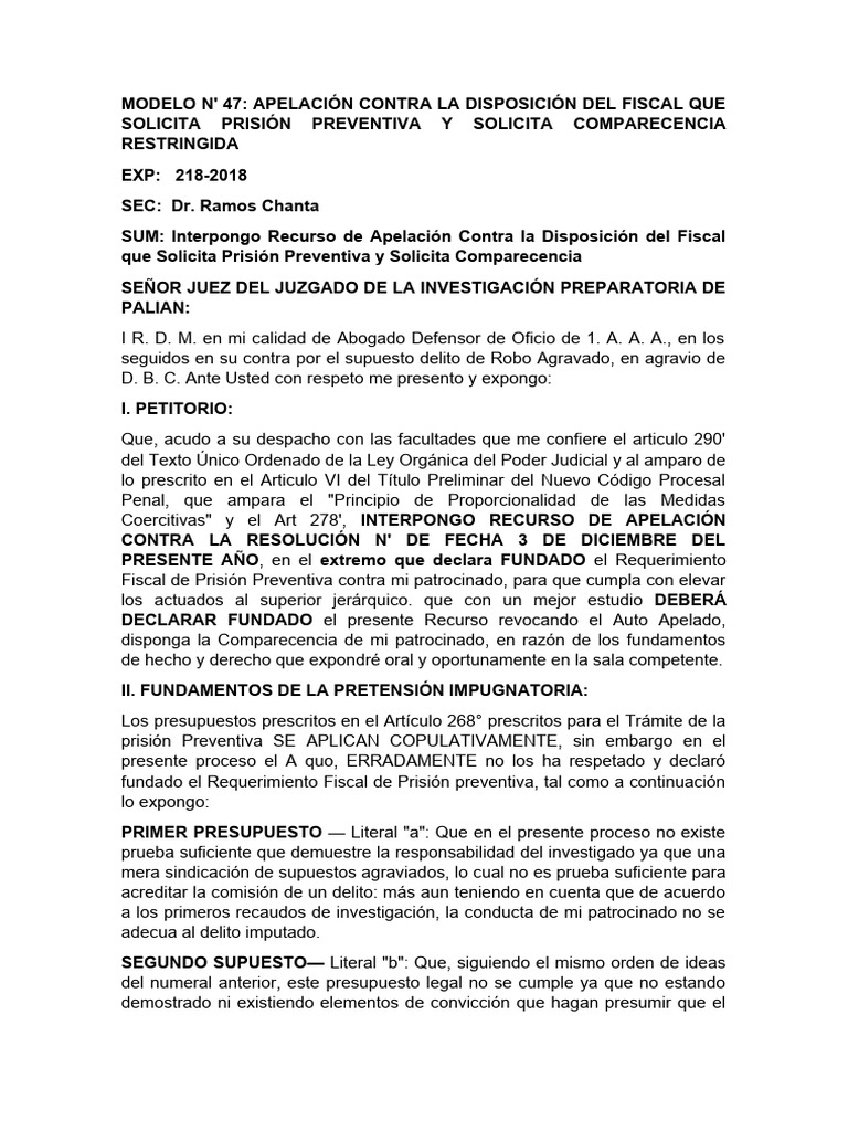 Modelo de Apelación Contra La Disposición Del Fiscal Que Solicita Prisión Preventiva y Solicita ...