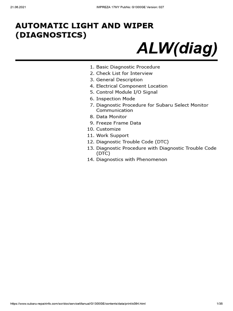Subaru Impreza 17MY Light & Wiper Diagnostics | PDF | Medical Diagnosis ...