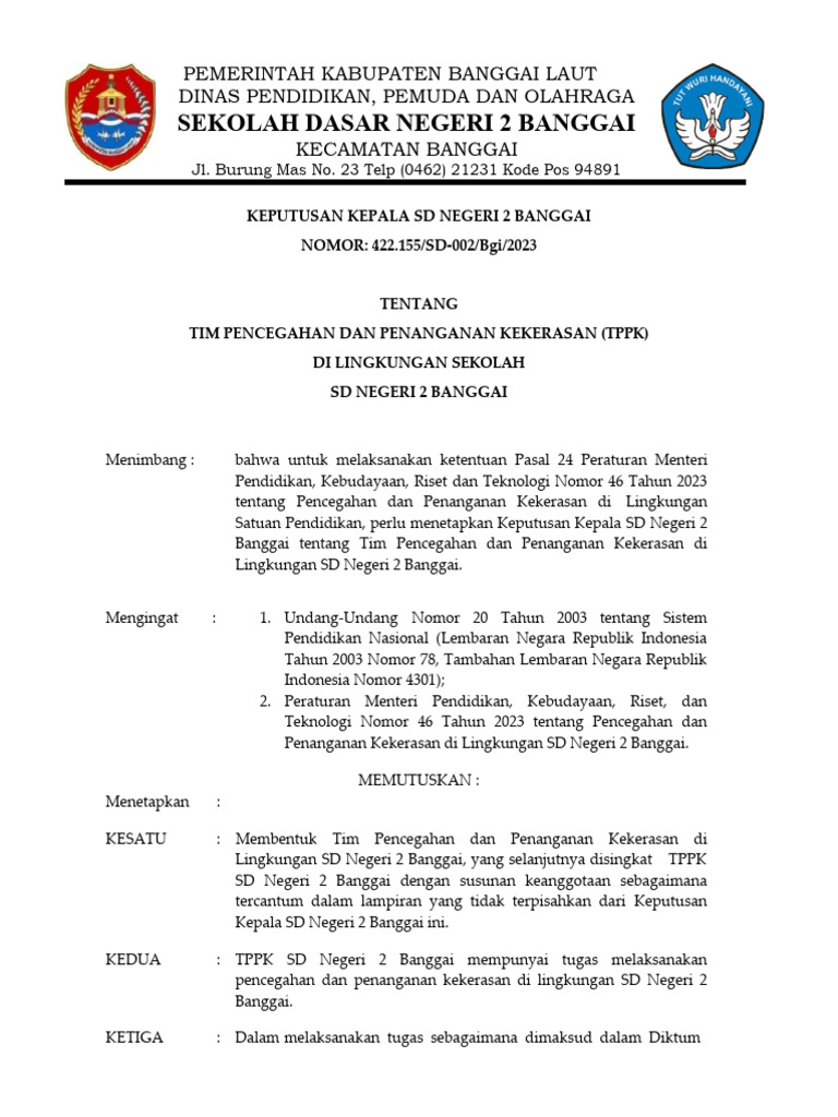 SK Kepala Sekolah Pembentukan TPPK | PDF