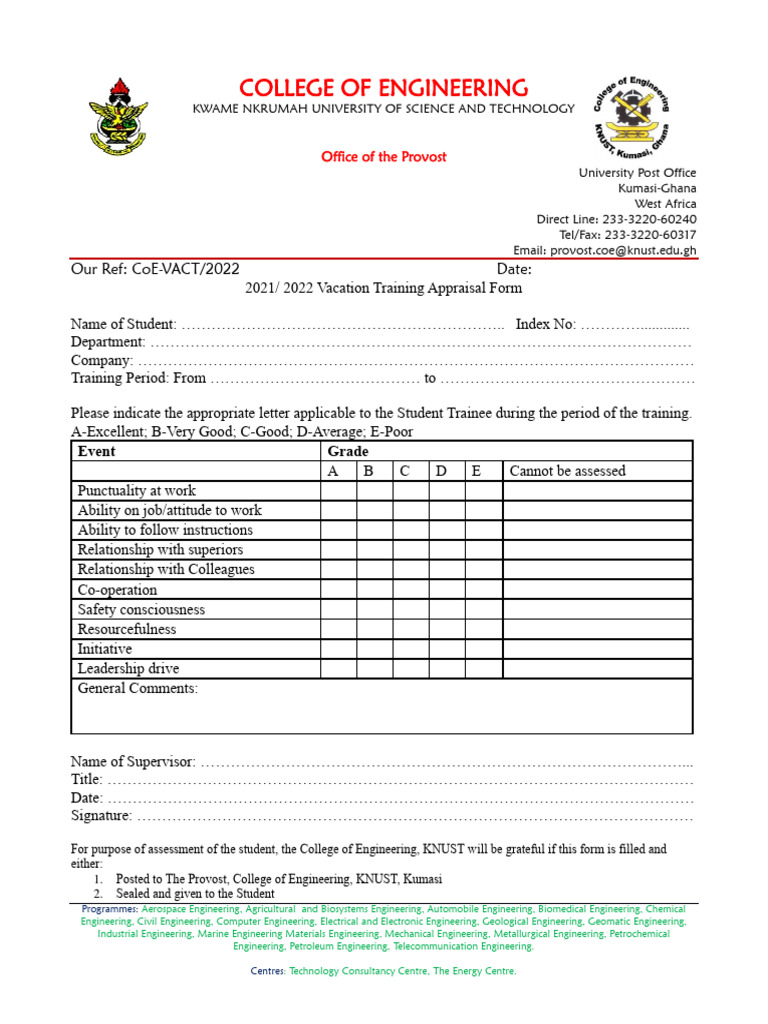 CoE Internship Appraisal Form 2021-2022 | PDF | Engineering | Physical Sciences