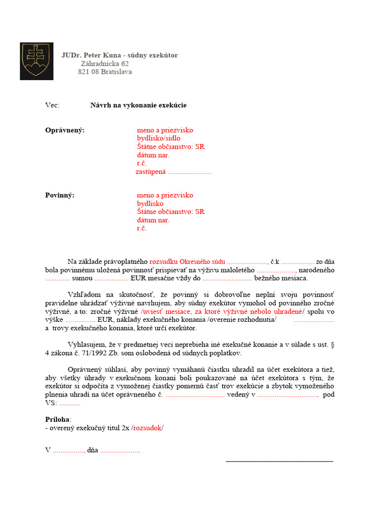 Navrh Na Vykonanie Exekucie - Zrocne Vyzivne | PDF