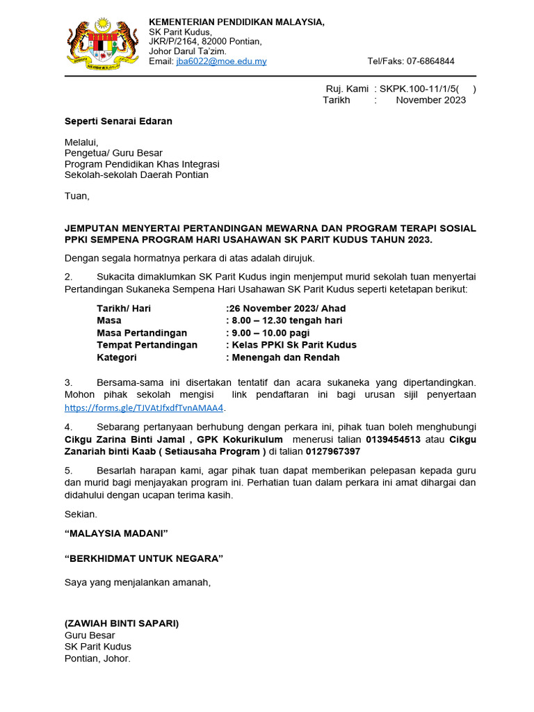 Surat Jemputan Penyertaan Sekolah PERTANDINGAN MEWARNA PPKI | PDF