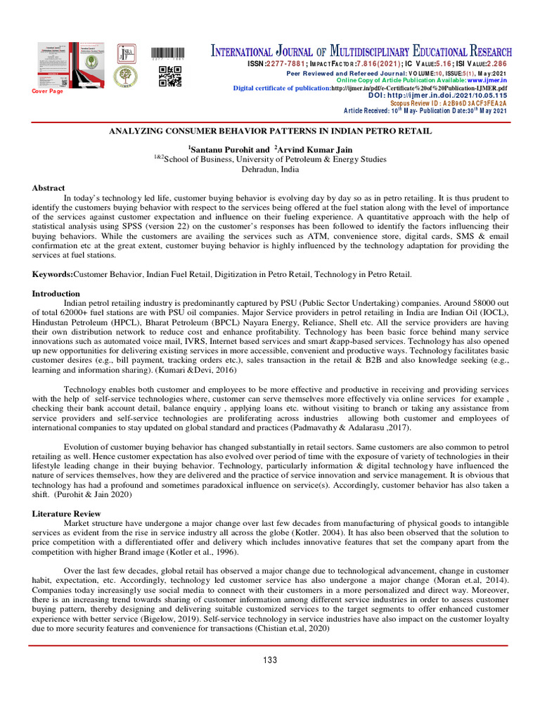 Analyzing Consumer Behavior Patterns in Indian Petro Retail Santanu Purohit and Arvind Kumar ...