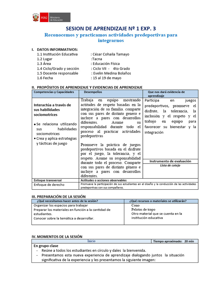 Sesion de Aprendizaje #1 Exp. 3: Reconocemos y Practicamos Actividades Predeportivas para ...