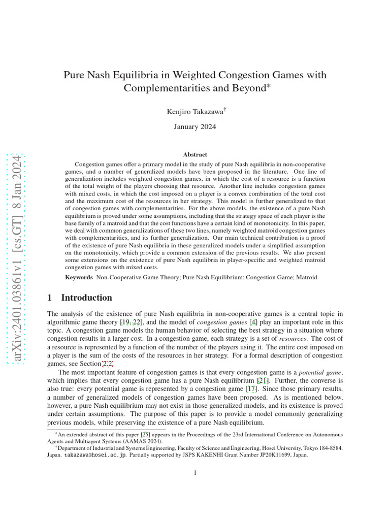 Pure Nash Equilibria in Weighted Congestion Games With Complementarities and Beyond | PDF | Game ...