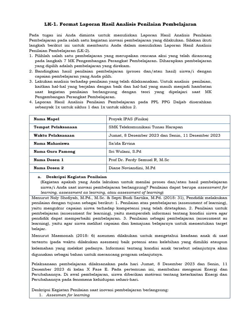Laporan Analisis Penilaian Pembelajaran | PDF