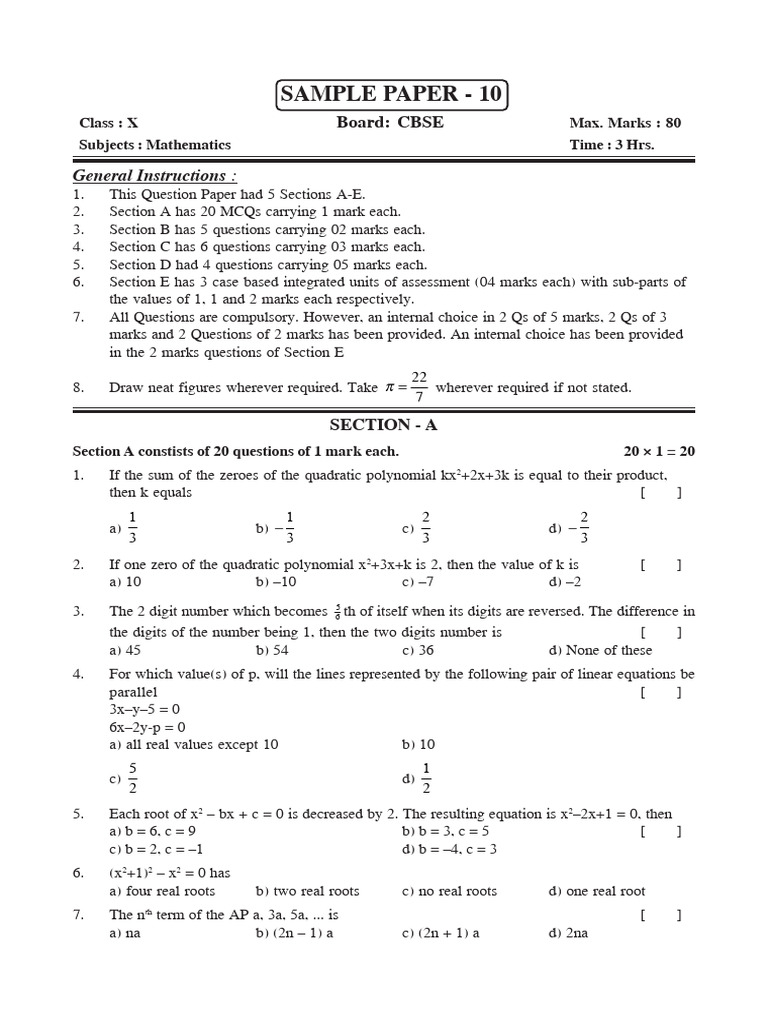 Cbse - Maths - Sample Paper - 10 | PDF