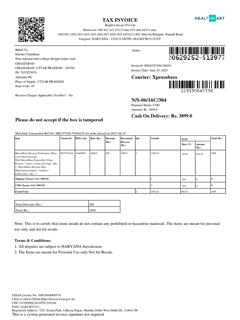 Tax Invoice: Please Do Not Accept If The Box Is Tampered Cash On ...