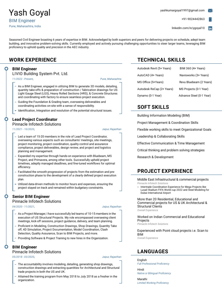 BIM Structure - Yash Goyal CV - 6 Years | PDF | Building Information ...