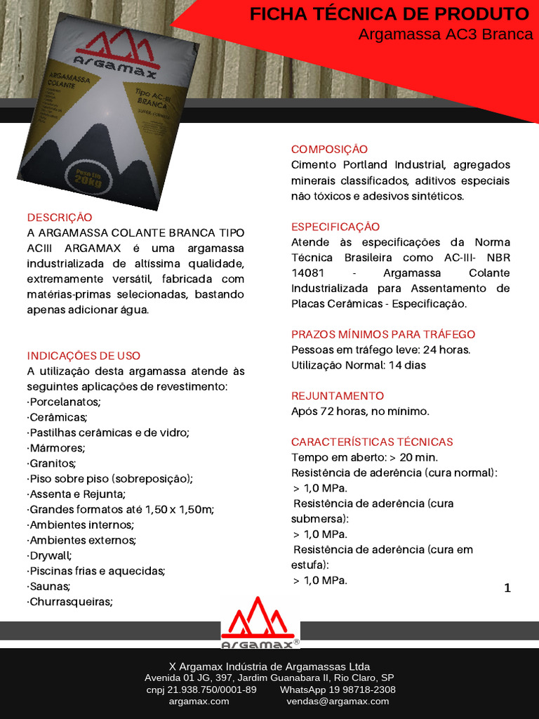 Ficha Técnica Ac3 Branca | PDF | Argamassa (alvenaria) | Engenharia Civil