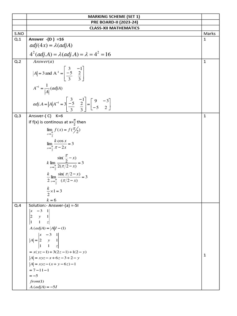Class Xii Maths Pre Board 2023-24 (Navodaya Vidhyalaya Samiti) Solutions | PDF | Mathematical ...