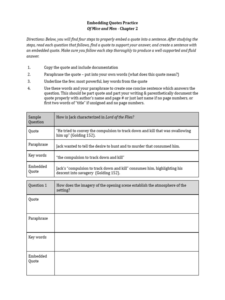 Of Mice and Men - Chapter 2: Embedding Quotes Practice | PDF