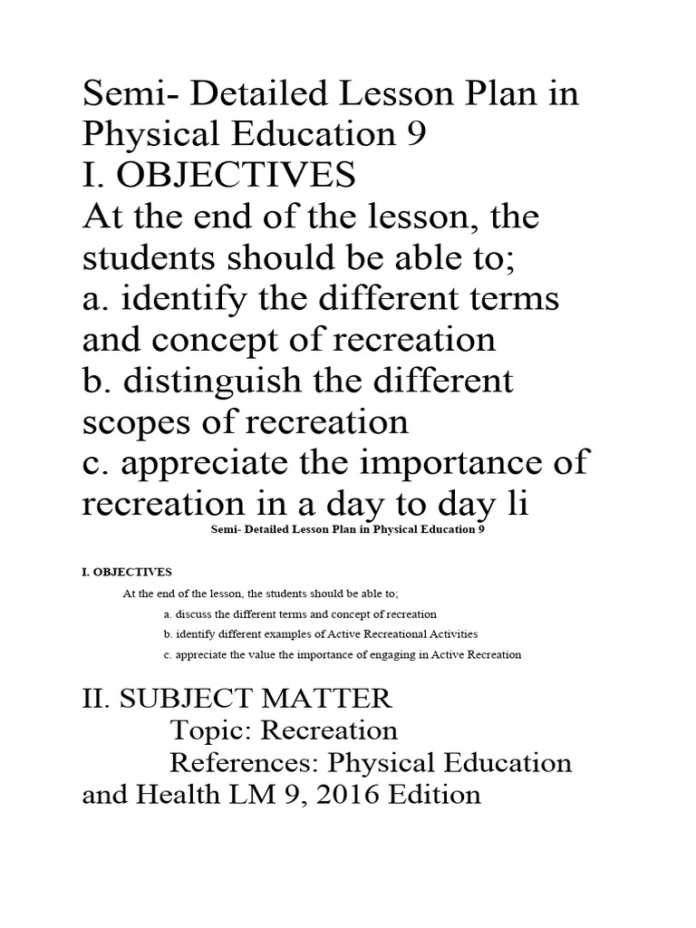 Lesson Plan in Pe9 | PDF | Recreation | Lesson Plan