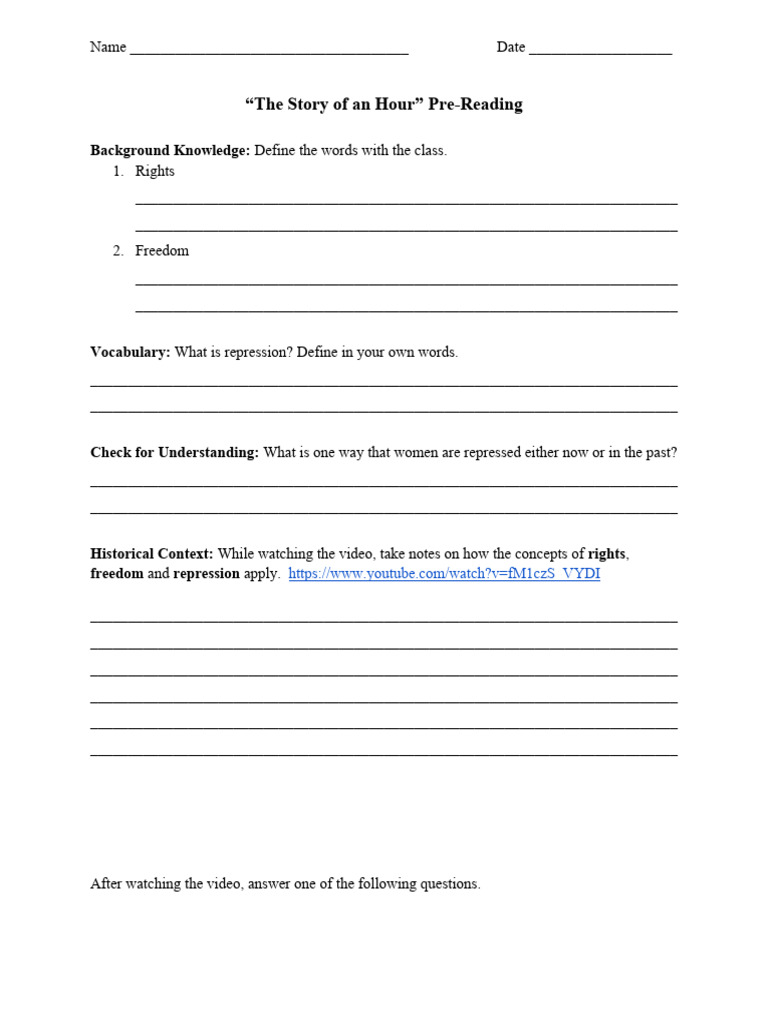 "The Story of An Hour" Pre-Reading | PDF