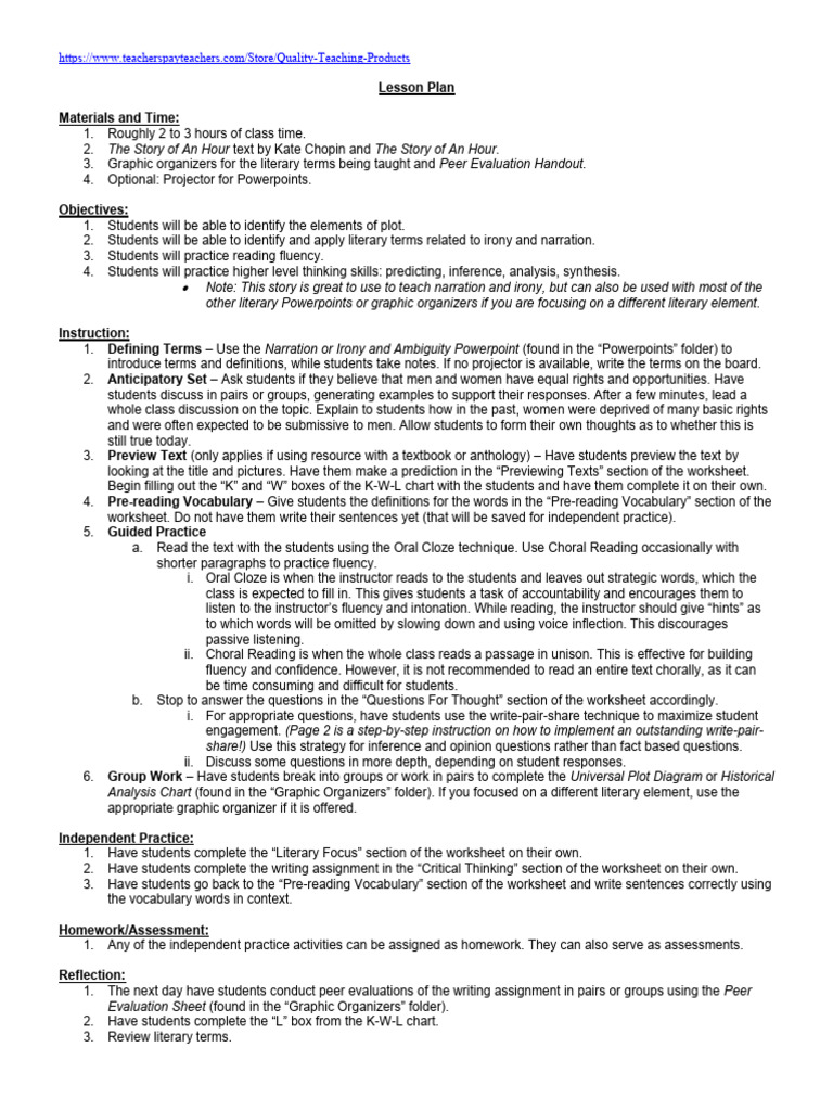 The Story of An Hour Lesson Plan | PDF | Thought | Lesson Plan