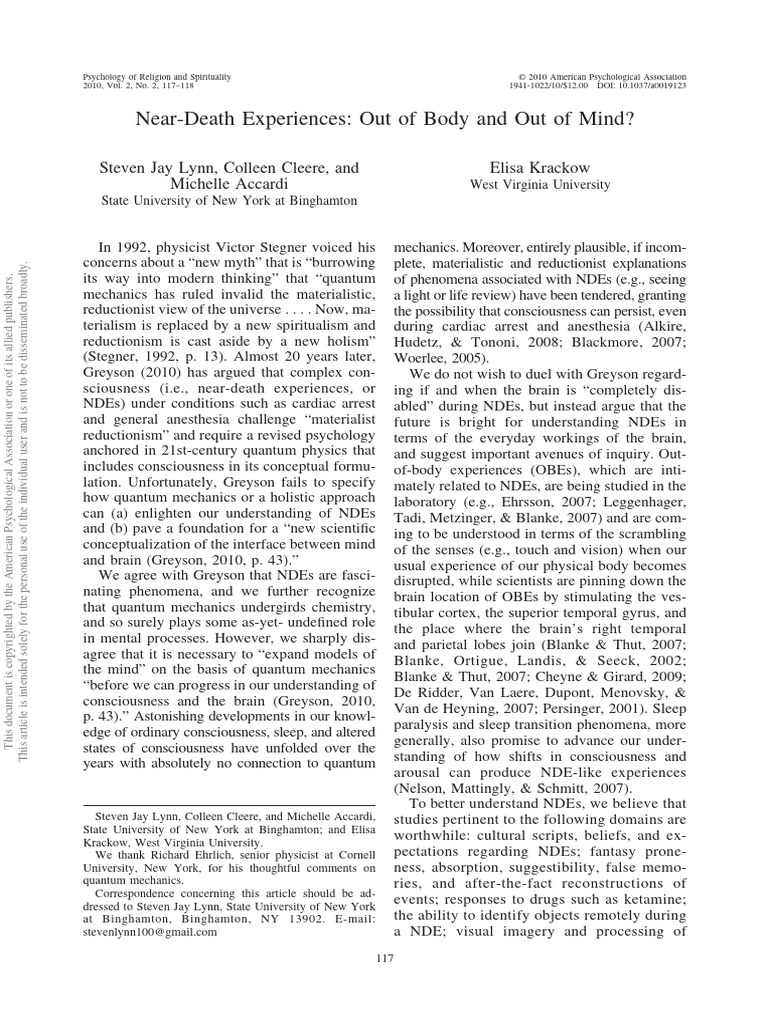 Near-Death Experiences: Out of Body and Out of Mind?: Steven Jay Lynn ...