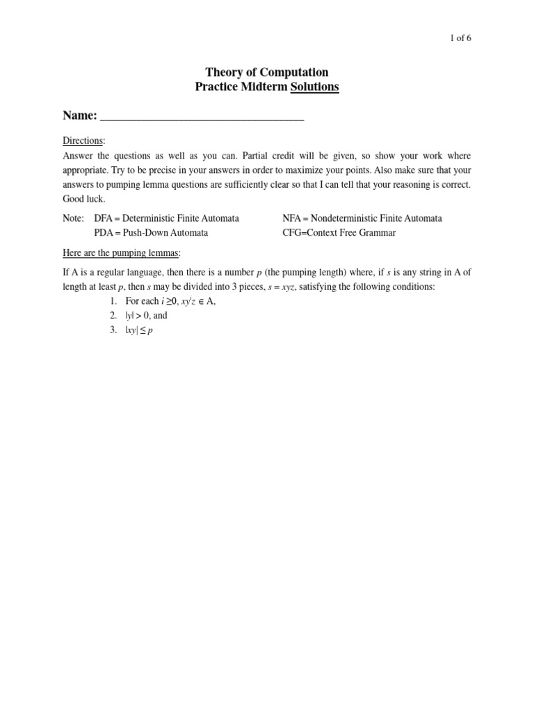 Practice Midterm Solutions | PDF | Models Of Computation | Grammar