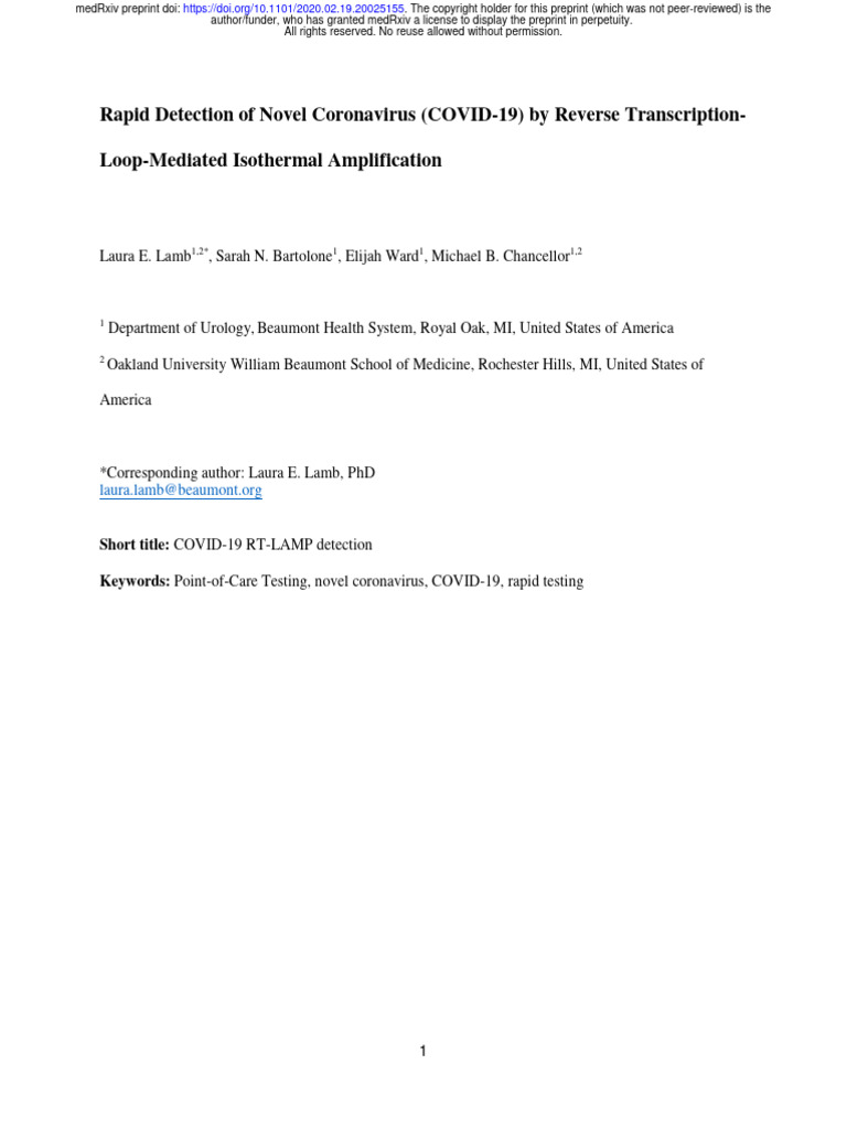 ! Rapid Detection of Novel Coronavirus (COVID-19) by Reverse ...