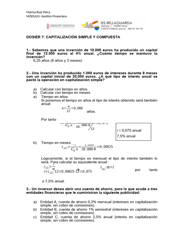 Dosier 7 Ejercicios Resueltos de Capitalización Simple y Compuesta | PDF