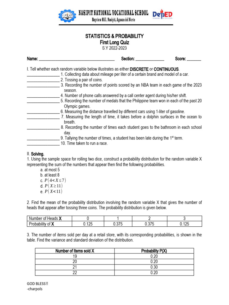Discrete Random Variables Quiz | PDF | Probability Distribution ...