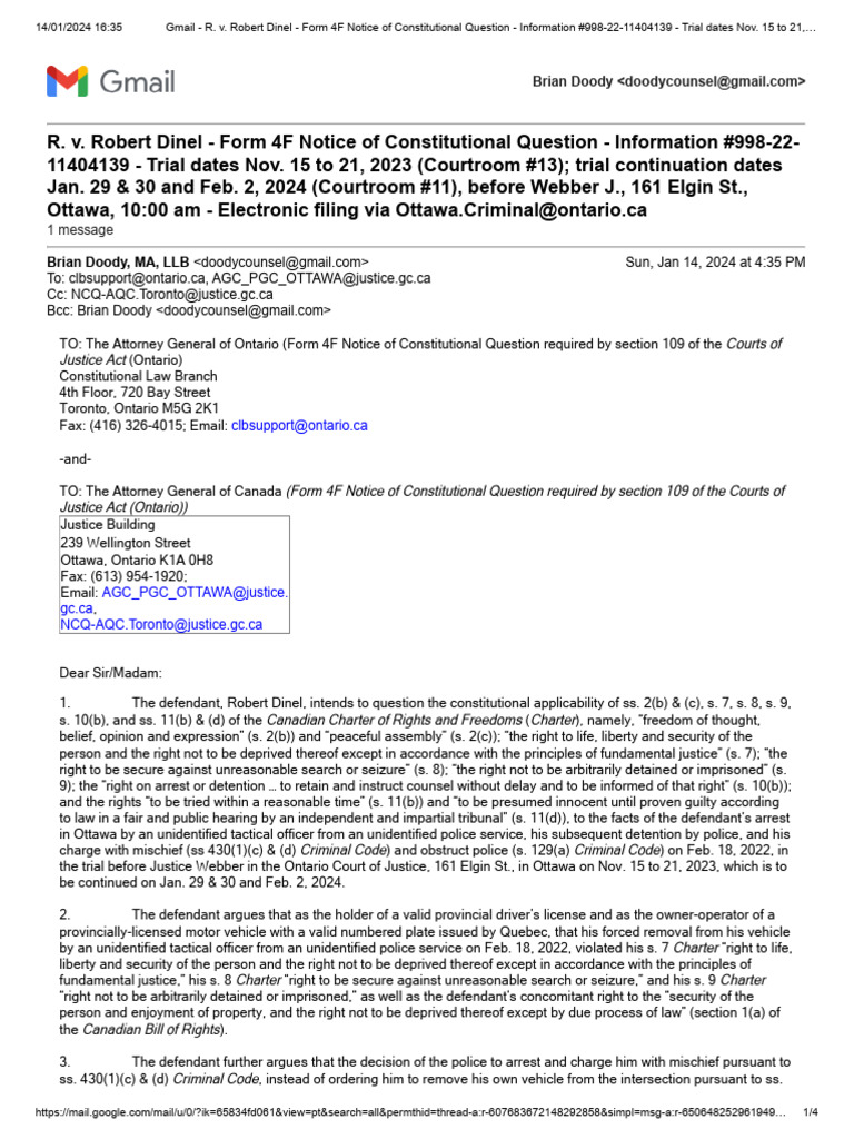 R. v. Dinel - Notice of Constitutional Question - 14-JAN-2024 - Toronto ...