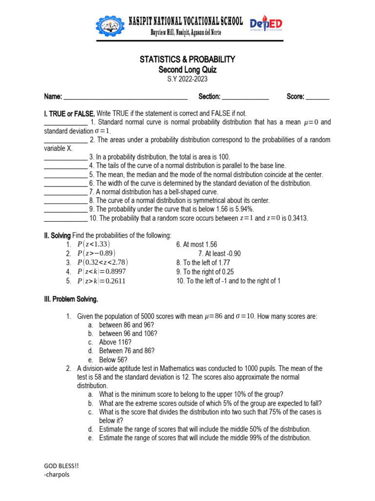 Probability Distribution Quiz | PDF | Normal Distribution | Standard ...
