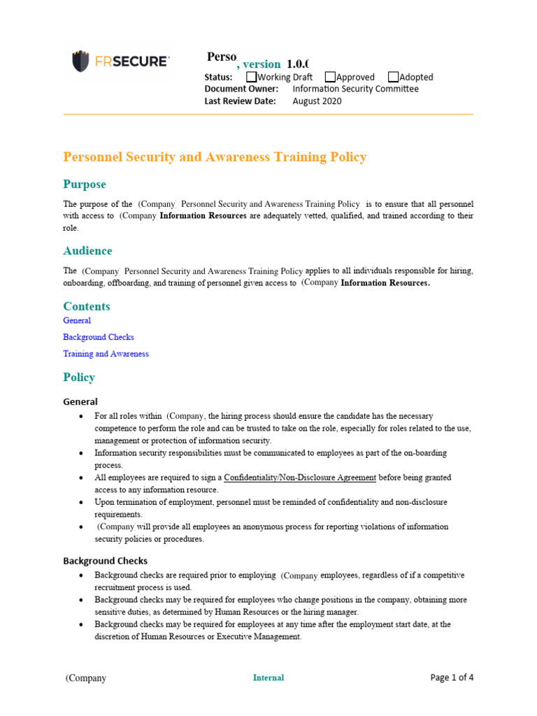 personnel-security-and-awareness-policy-template | PDF | Background ...