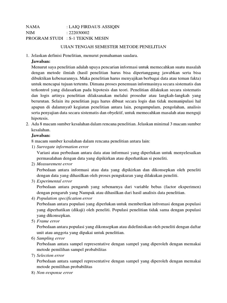 UTS METODE PENELITIAN - Laiq Firdaus Assiqin - 222030002 | PDF | Karier & Perkembangan