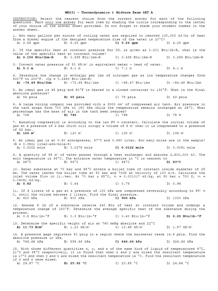 ME231 Thermodynamics 1 Midterm Exam A | PDF | Temperature | Fahrenheit