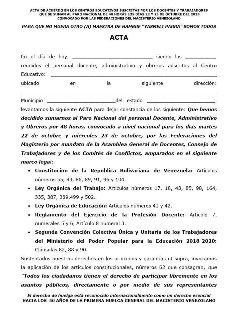 Modelo de Acta para Sumarse Al Paro Nacional de 48 Horas | PDF ...