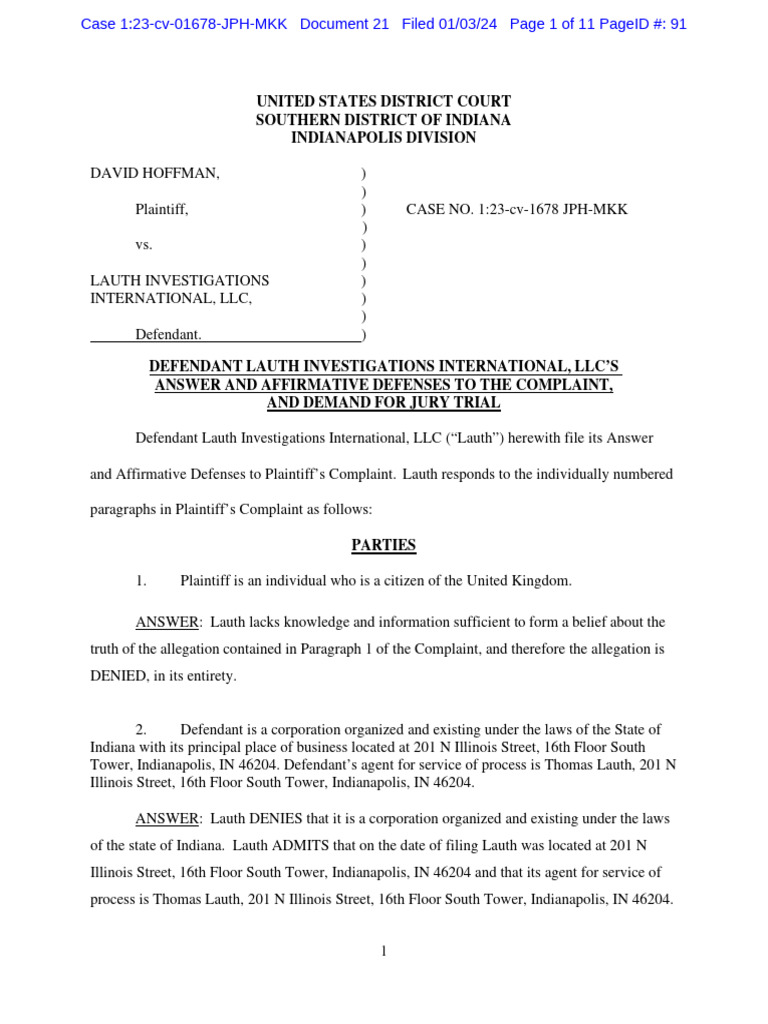 Lauth Answer | PDF | Complaint | Copyright Law Of The United States