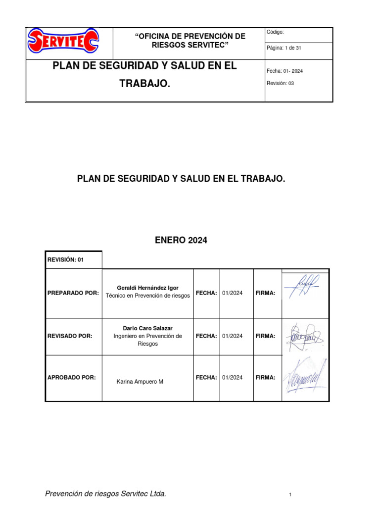 Plan de Seguridad y Salud Ocupacional Servitec Ver. Nro. 2 | PDF | Riesgo | Seguridad y salud ...