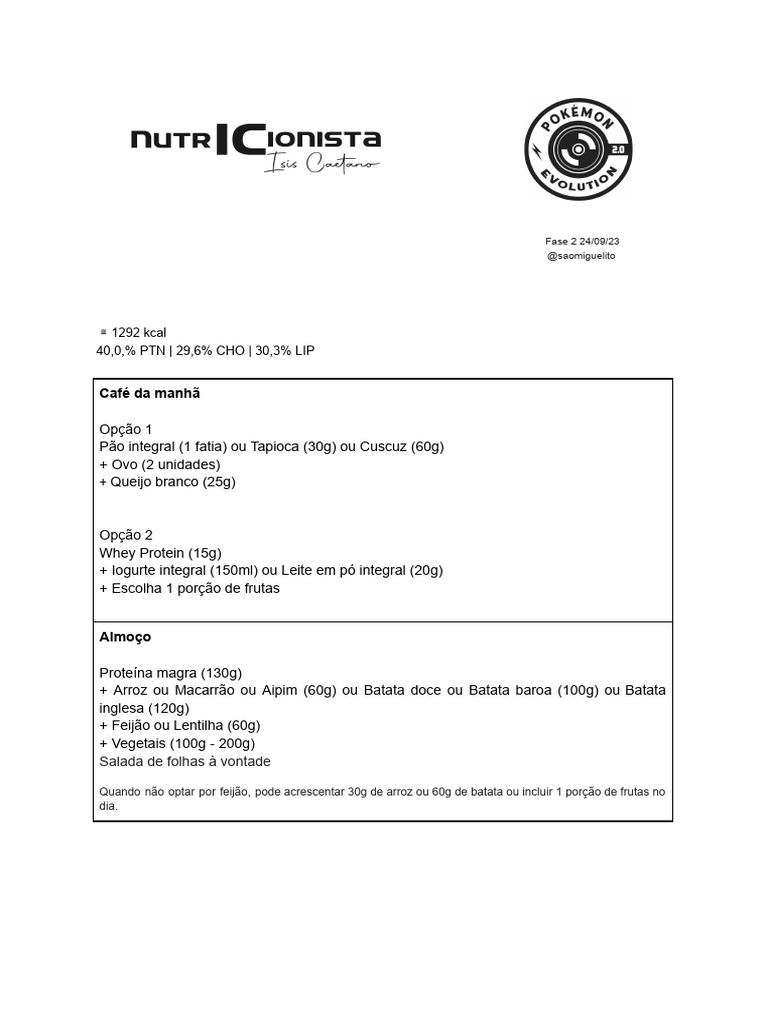 Café Da Manhã: 1292 Kcal 40,0,% PTN - 29,6% CHO - 30,3% LIP | PDF