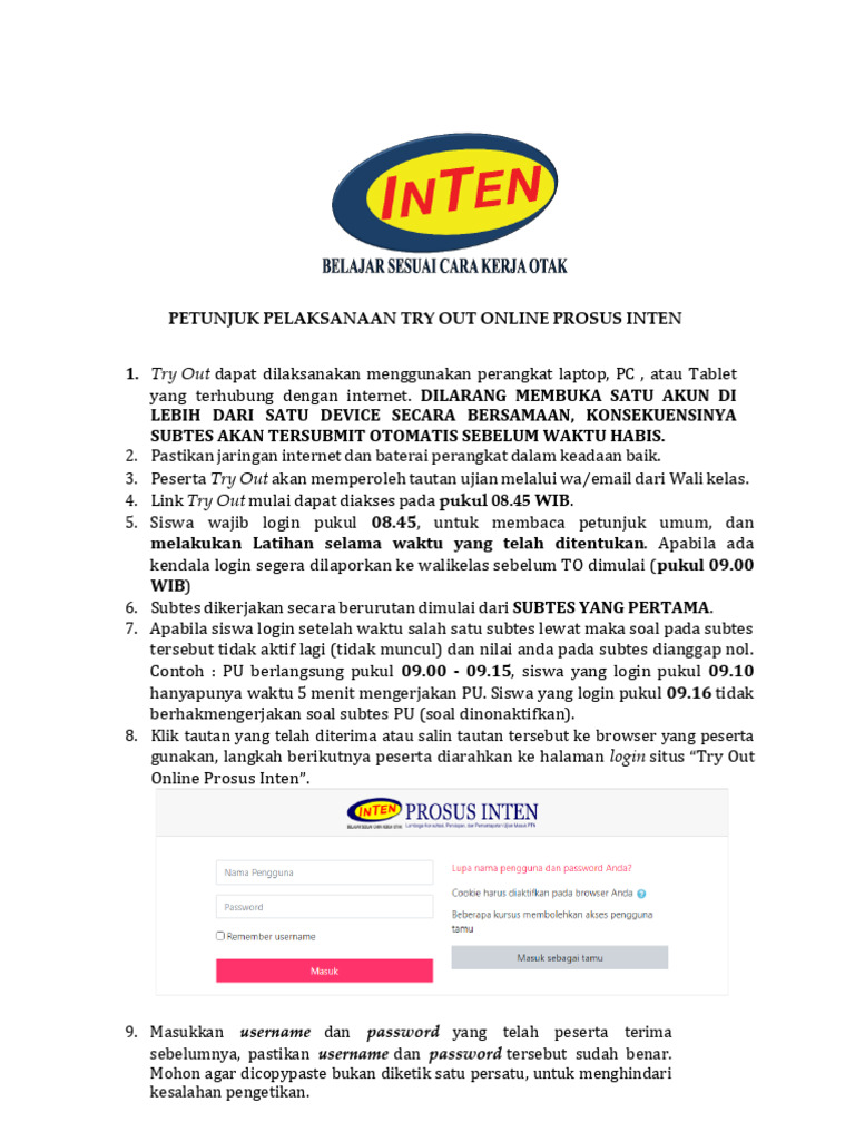 (Terbaru) Petunjuk Pelaksanaan Try Out Online Prosus Inten | PDF