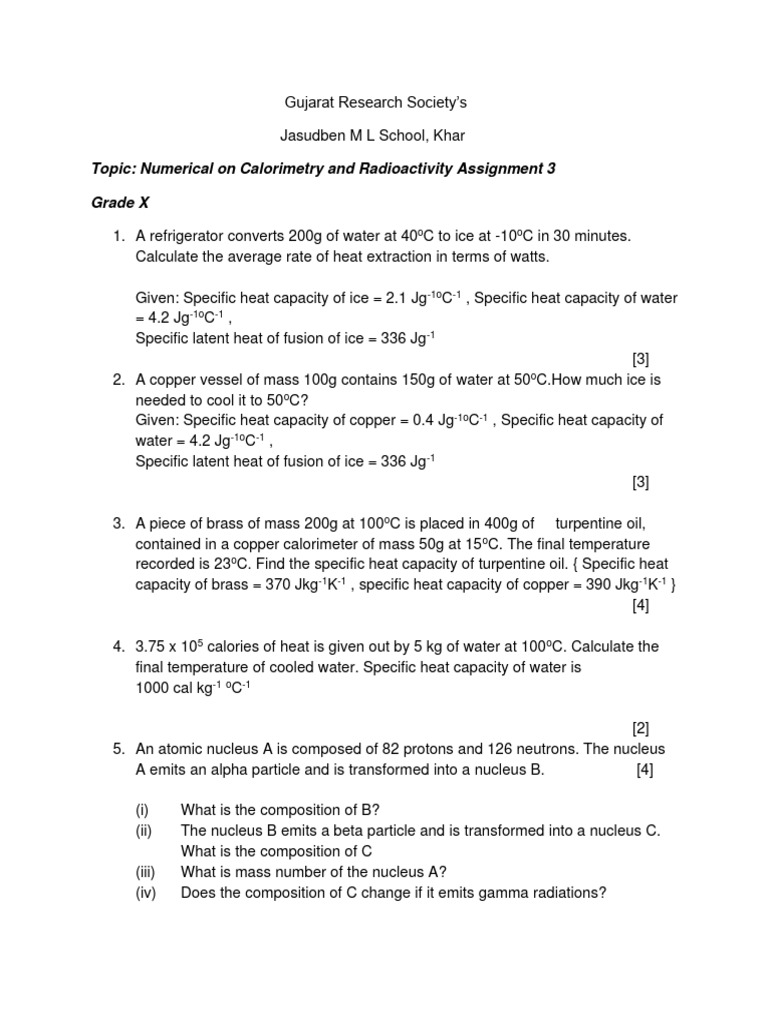 Revision Worksheet On Sound Calorimetry and Radioactivity - Numericals ...