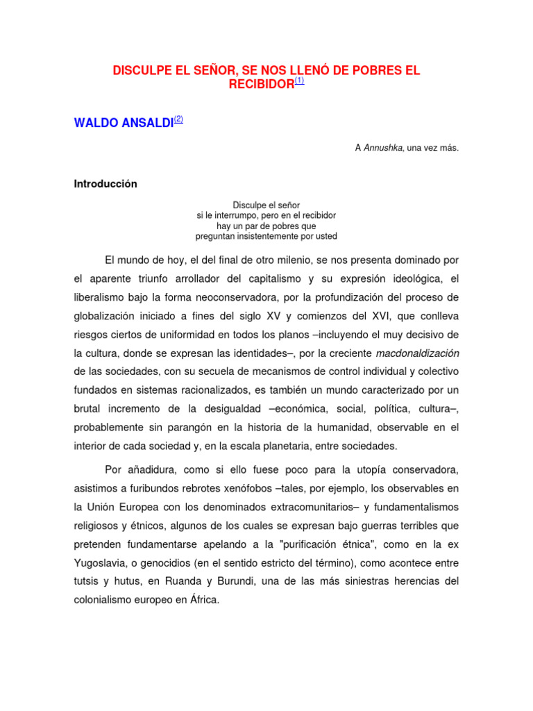 2.-Ansaldi, W. (1998) Disculpe El Señor, Se Nos Llenó de Pobres El Recibidor | PDF | Pobreza ...