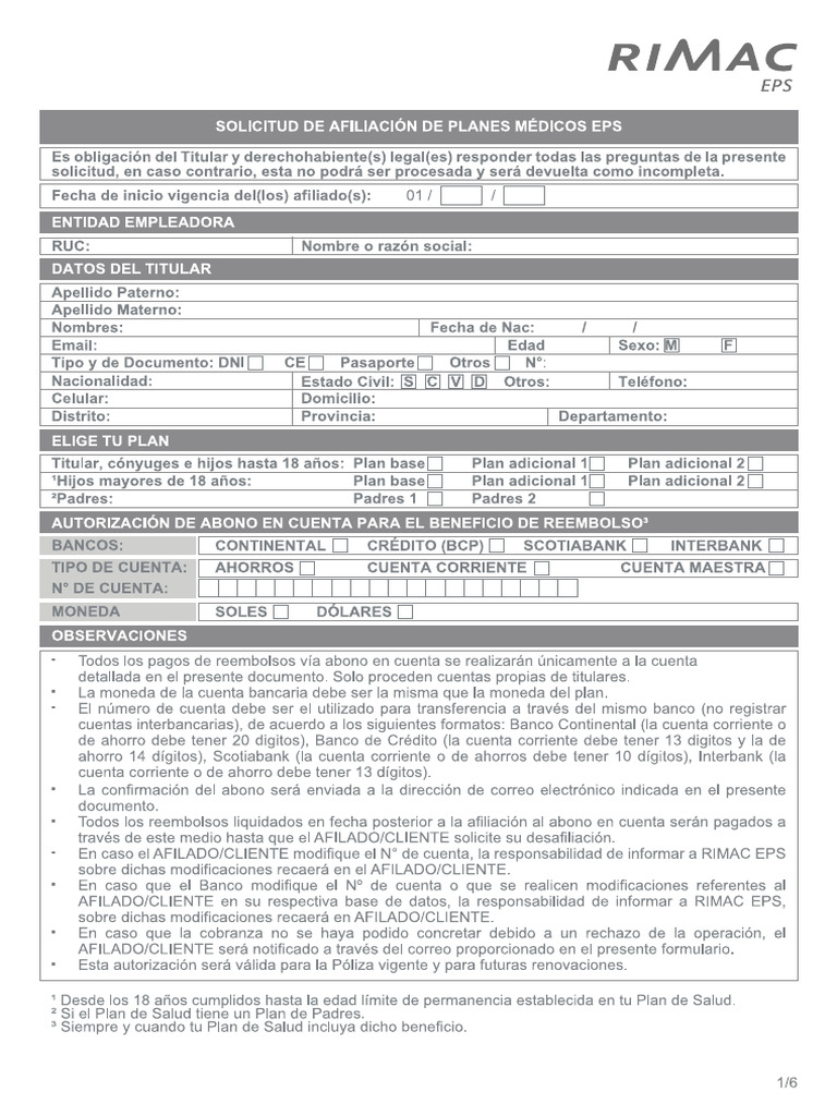 RIMAC EPS - SOLICITUD DE AFILIACION EPS | PDF