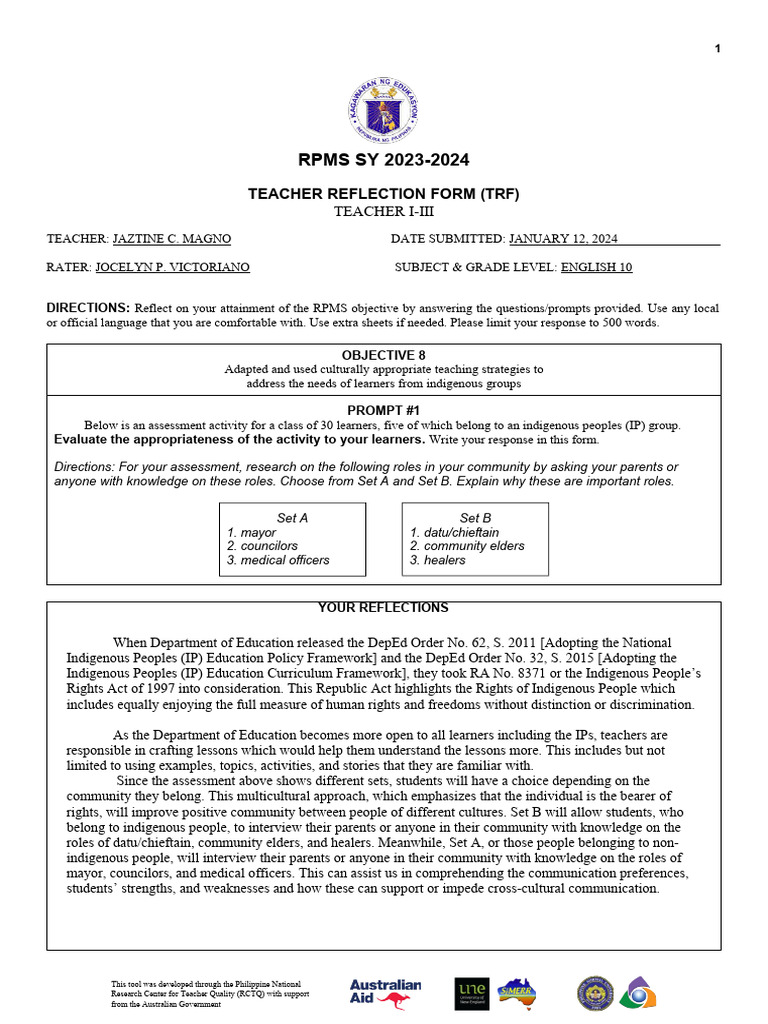 [Appendix 4A] Teacher Reflection Form for T I-III for RPMS SY 2021-2022 ...