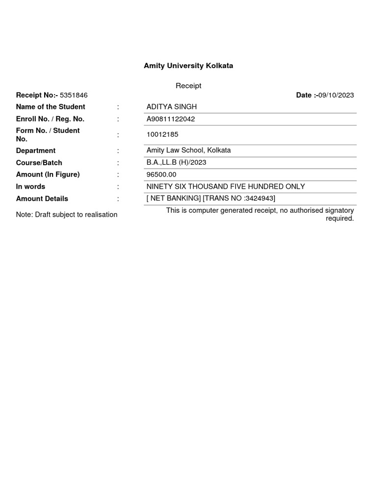 Amity University Kolkata: Receipt | PDF