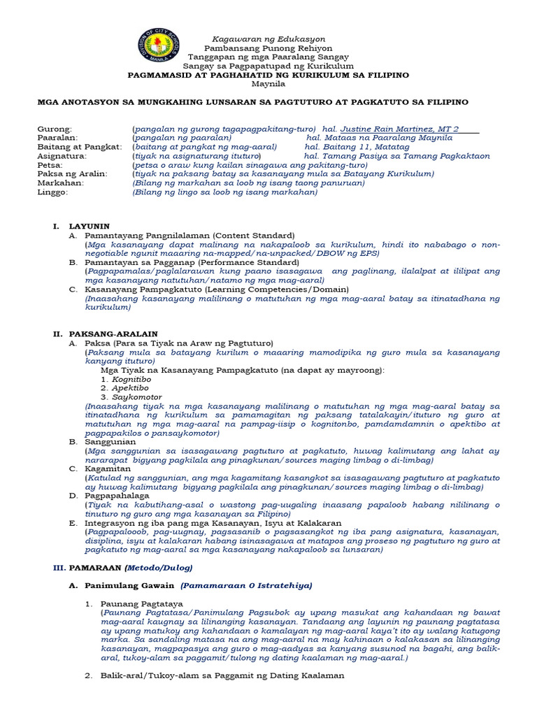 SHS 11 12 Mga Anotasyon Sa Lunsaran Sa Pagtuturo at Pagkatuto | PDF