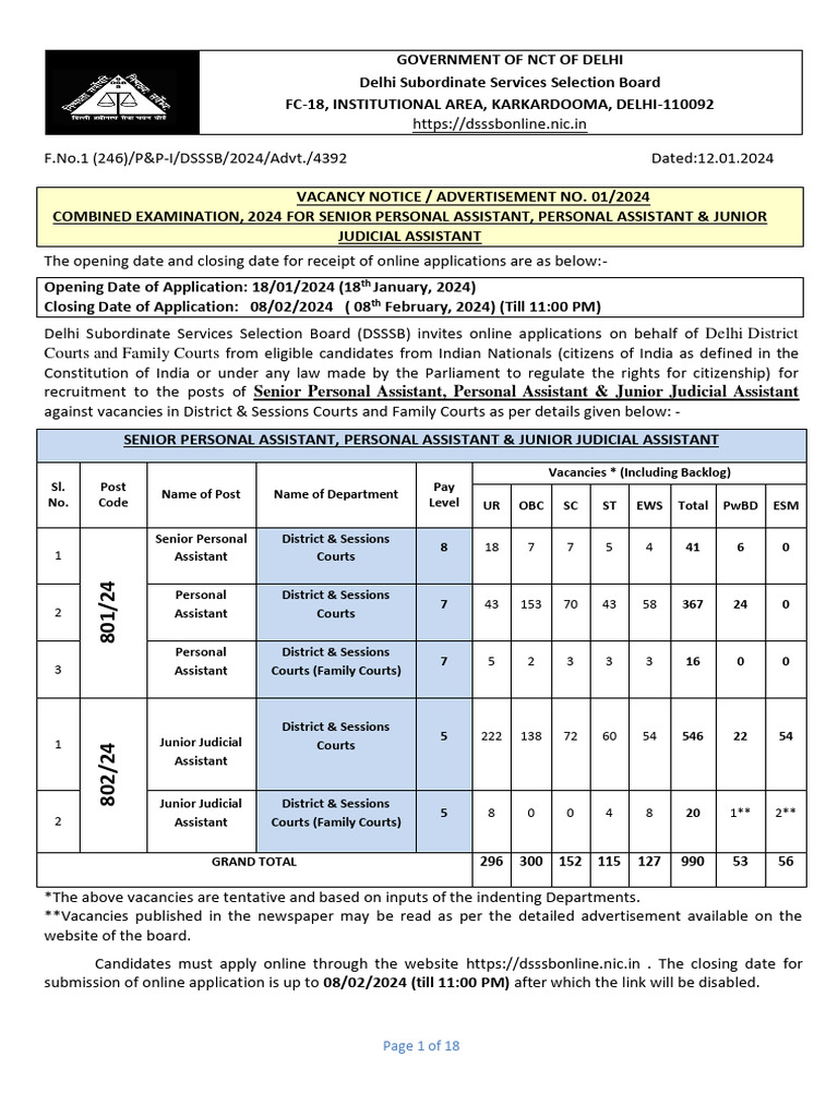 DSSSB Advt 01-2024 - District - Court | PDF | Multiple Choice